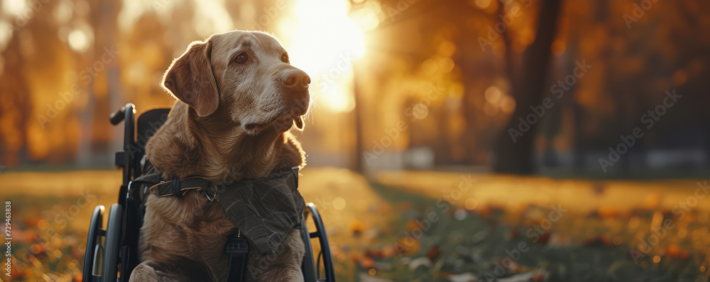 Adult dog with disability in Wheelchair Enjoying Autumn Park. Disabled ...