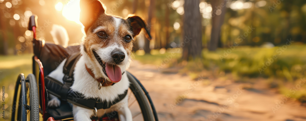 Adult dog with disability in Wheelchair Enjoying Autumn Park. Disabled ...