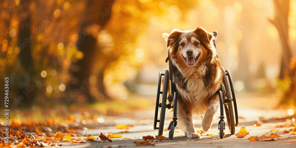 Adult dog with disability in Wheelchair Enjoying Autumn Park. Disabled ...