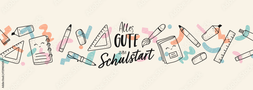Cute hand drawn back to school pattern with text in German "school ...