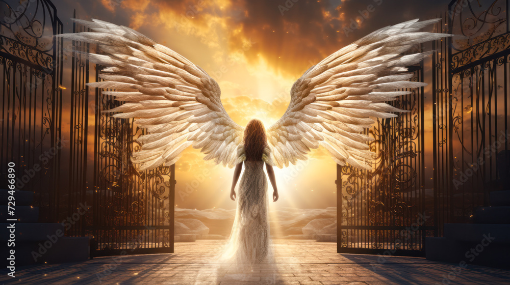 Angel with wings goes through the Golden Gates of heaven with dark and ...