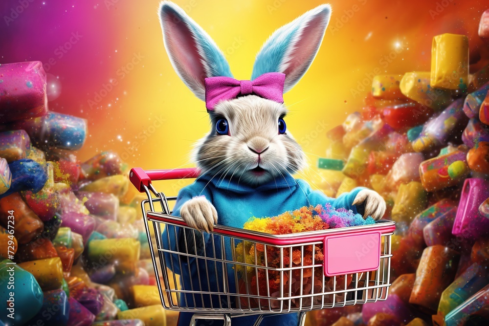 Fluffy Bunny Rabbit Pushing Shopping Cart in Magical Candy Land with ...