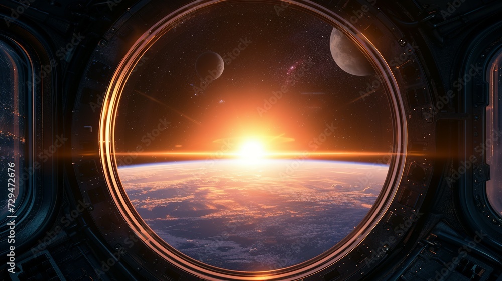 spaceship round window with sunrise over planet view, space station ...