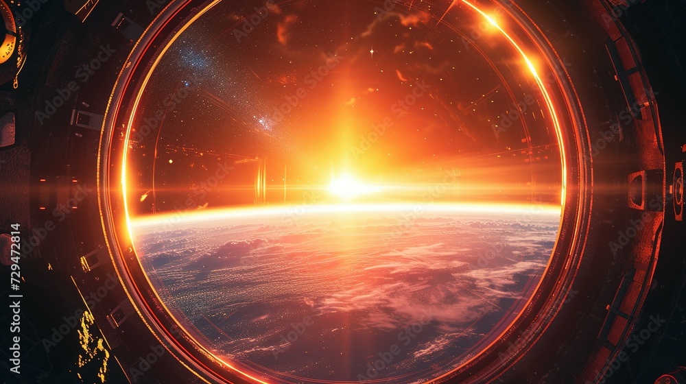 spaceship round window with sunrise over planet view, space station ...