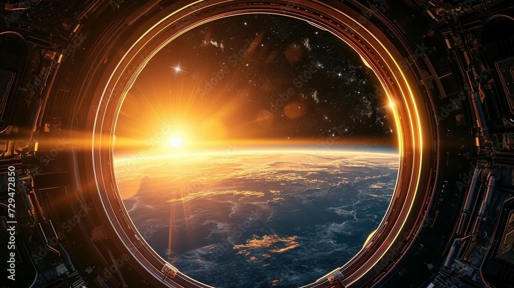 spaceship round window with sunrise over planet view, space station ...