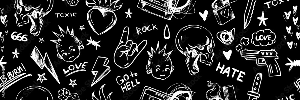 Grunge rock seamless pattern, vector punk music sketch texture, y2k ...
