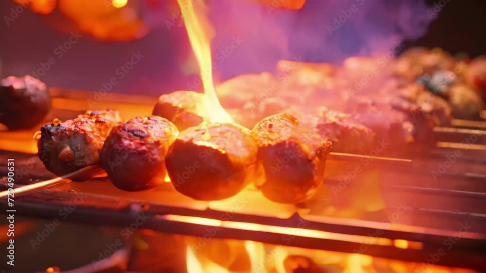 a close-up view of meat grilling on a barbecue, showing the flames and ...