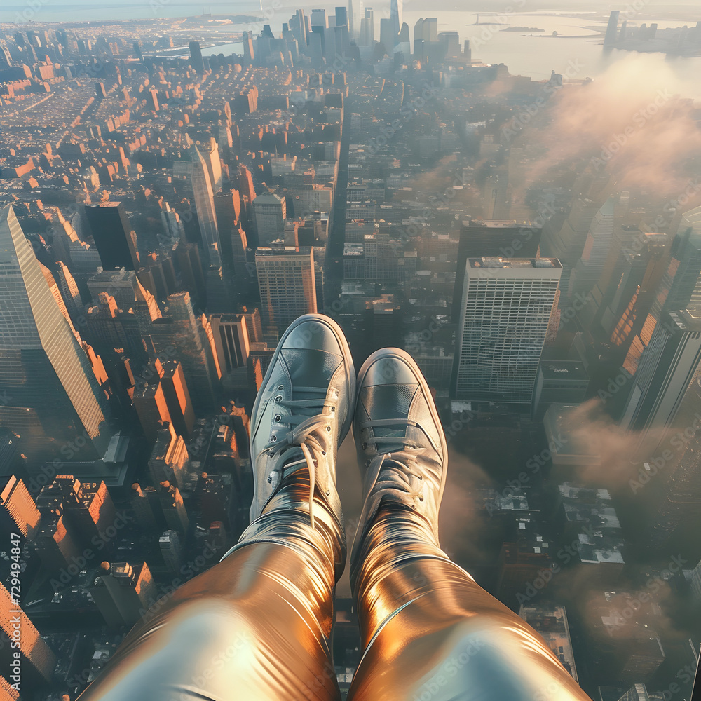 a high angle photo, we see the perspective of a model in shiny leggings ...