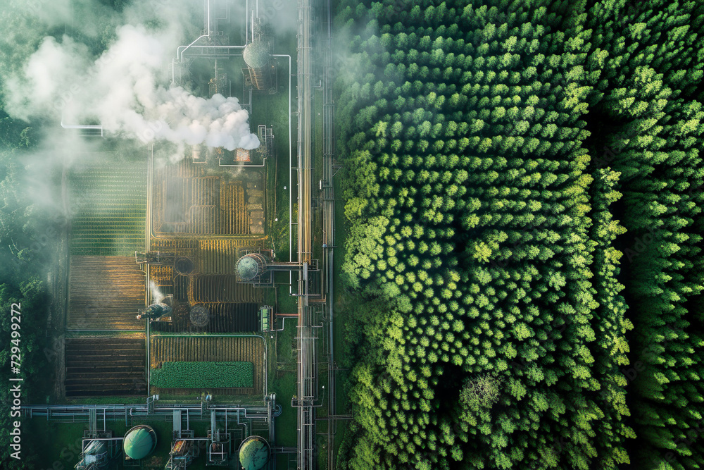 Smoking stacks and vapor from the cooling towers and plants ...