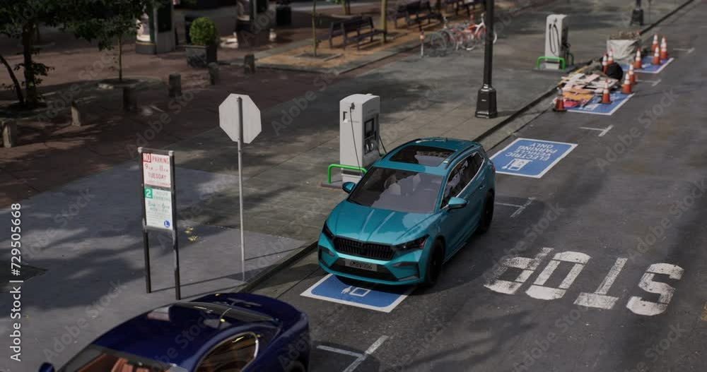 3D animation og generic electric vehicle charging at station dock point ...