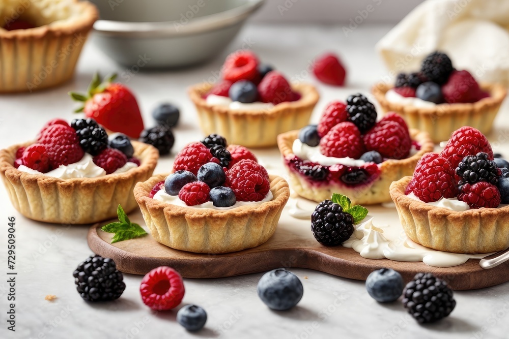 Healthy summer pastry dessert. Berry tartlets or blueberry tart. Cake ...