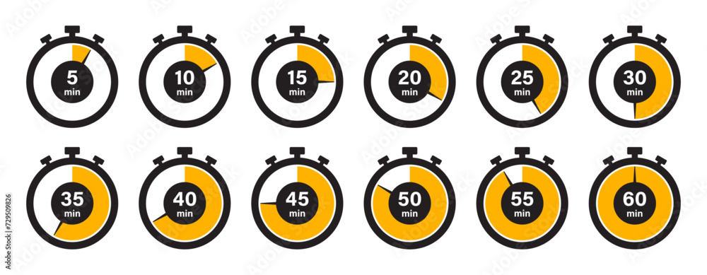 Stopwatch timer set of 12 in yellow color 5-minute clock on white ...