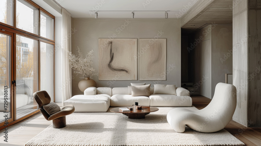 Contemporary living room design boasting high ceilings, arched windows ...