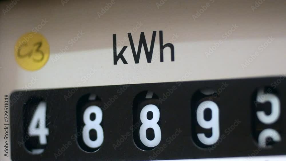 A close-up of an electricity meter kWh symbol with shallow focus and ...