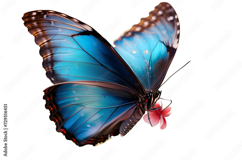 Beautiful blue butterfly in full body close-up portrait, flying with ...