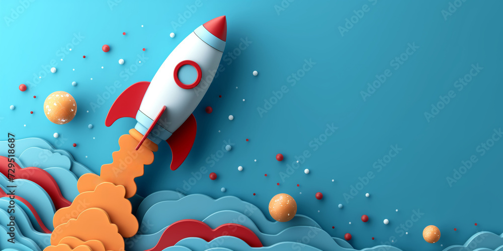 3D model of rocket rockets rocketing upwards with charts on blue ...