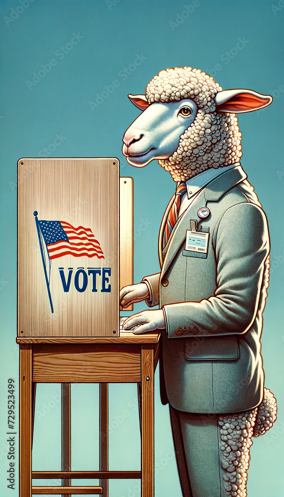 Surreal illustration of a sheep in a suit standing at a voting booth ...