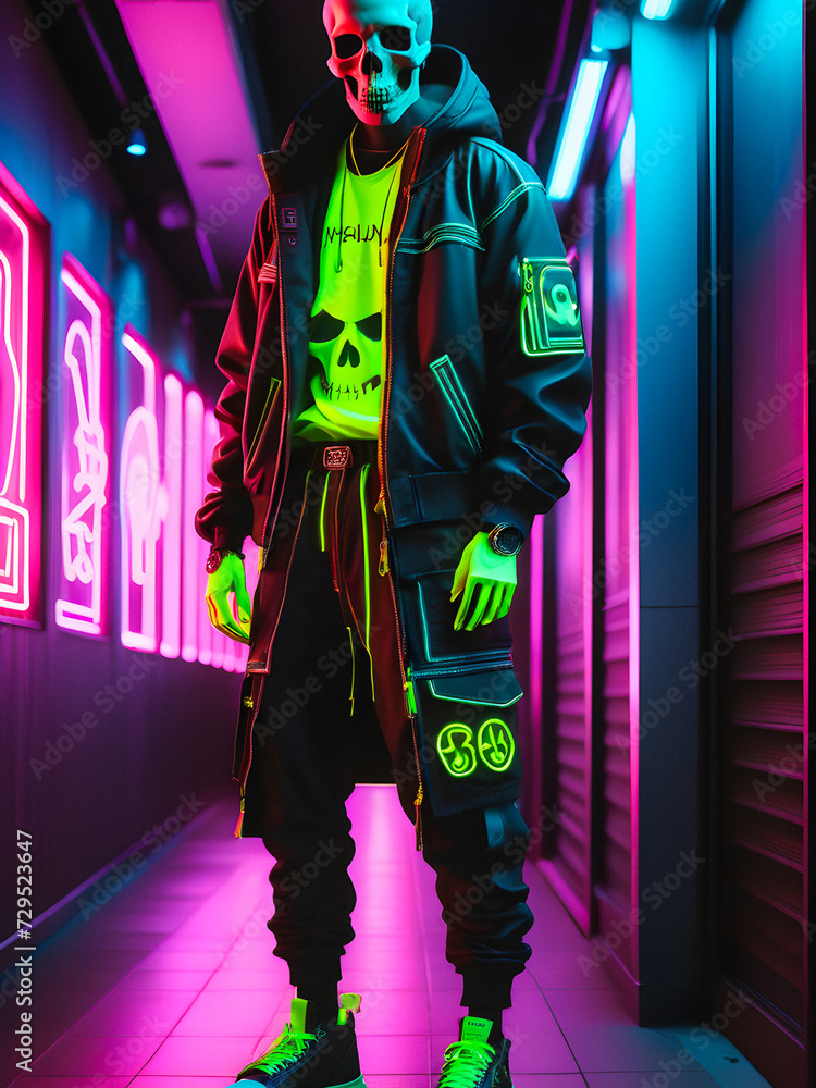 Cyberpunk Chic: A model in street techno graphics with neon accents and ...