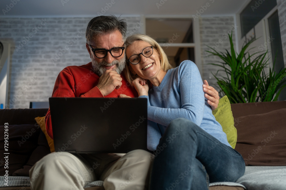 Happy family couple using laptop computer sitting on couch at home ...