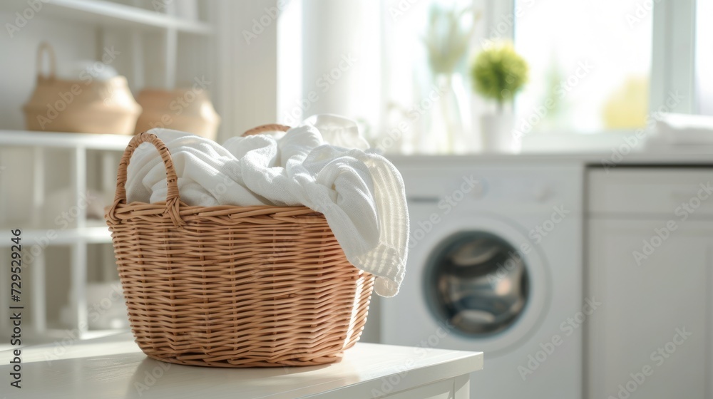 Basket with clothes in laundry room with washing machine on background ...