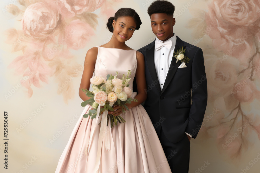 Elegant High School Prom Couple Posing with Flowers, Open Empty Copy ...