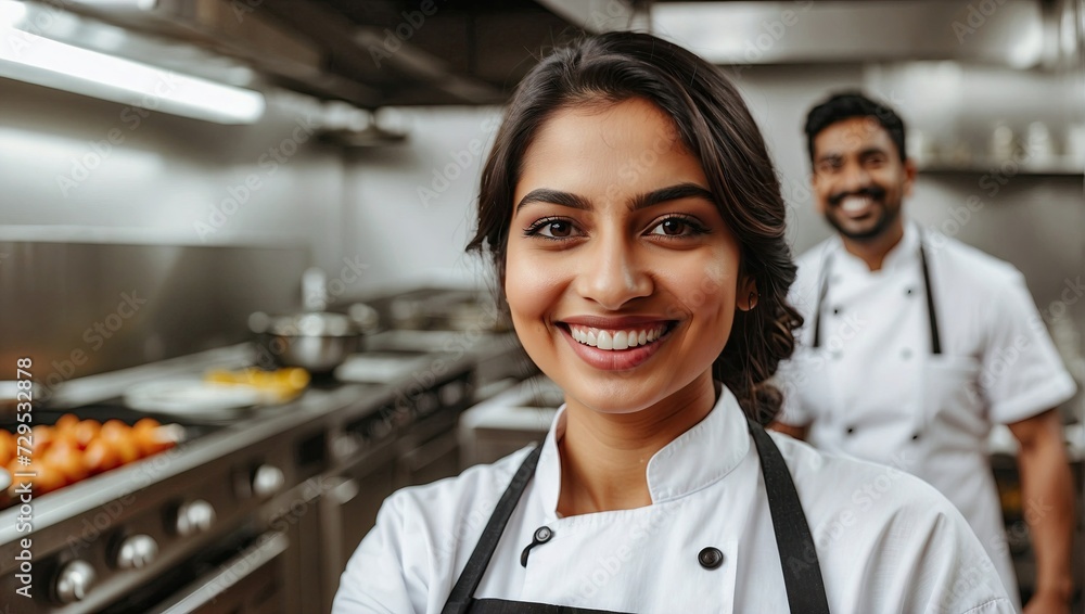 Professional Indian female chef taking a selfie with a male chef in the ...