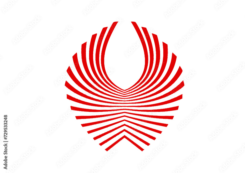 symmetrical fan-shaped arrangement of curved red lines, wings, feather ...