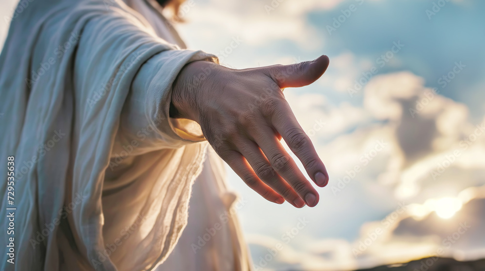 Jesus Christ in white clothes extends his hand to you against the sky ...