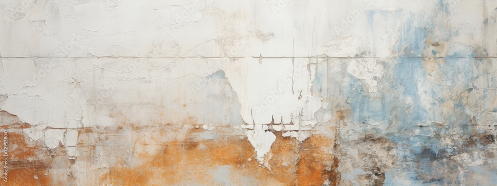 Abstract textured surface with white paint over patches of rust and ...