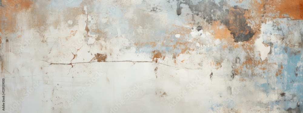 Abstract textured surface with white paint over patches of rust and ...