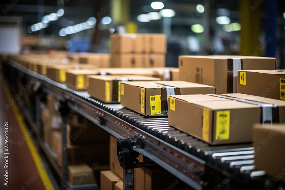 Organized Logistics: Boxes Glide Across a Conveyor Belt in a Warehouse ...
