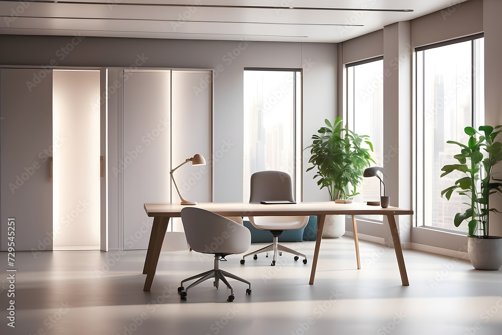 Modern empty office interview room design with desk and bright lighting ...