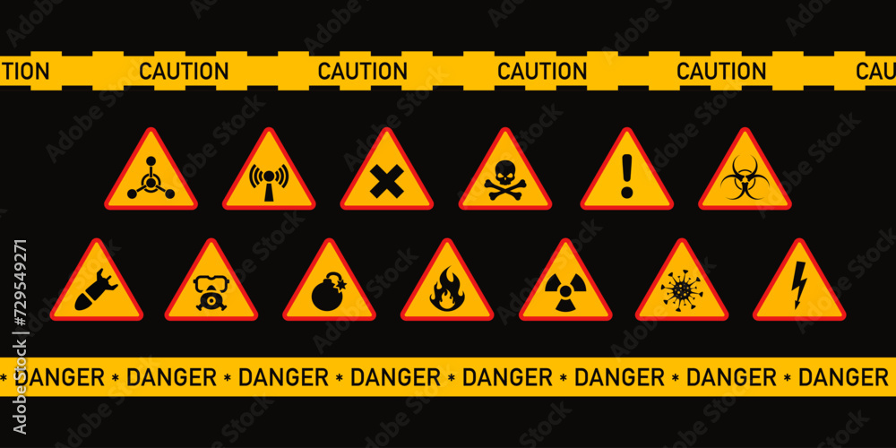 Yellow alert triangles, warning sign danger. Attention, poison, high ...