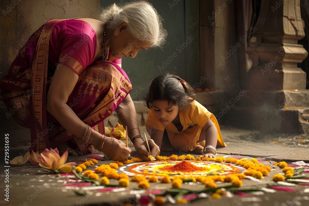 Indian grandma teaches her granddaughter how to draw a rangoli pattern ...