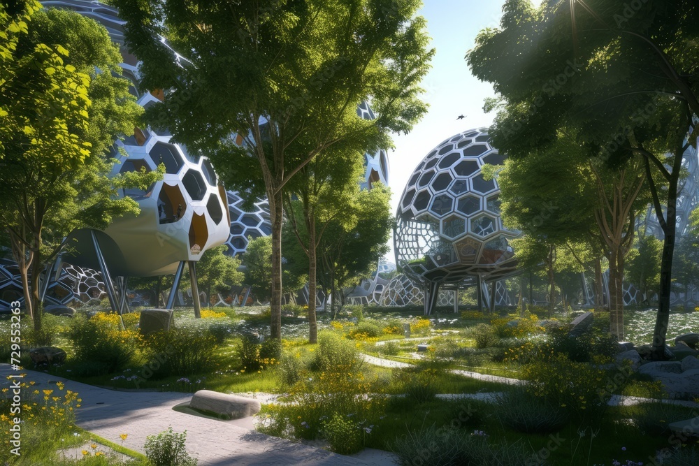 Eco-Futuristic Hive City' portrayal of a bio-engineered park, where a ...