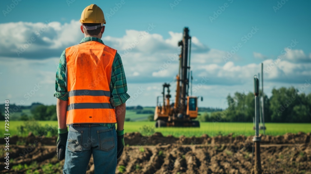 Worker drilling into the earth with his well drilling machine to ...