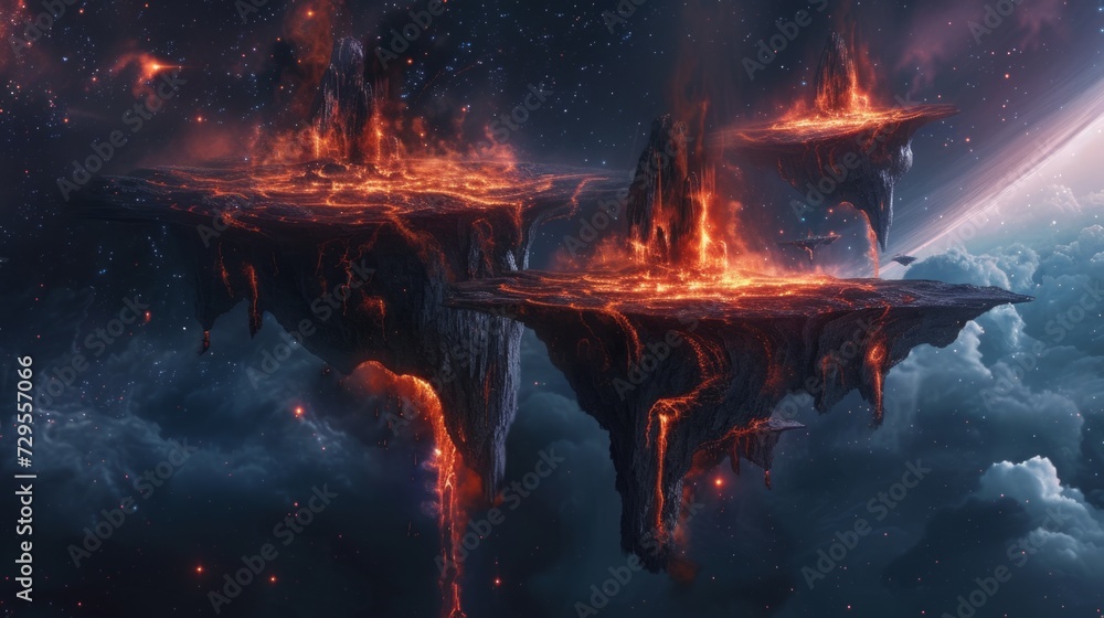 Fantasy floating islands with cascading lava and illuminated peaks, set ...