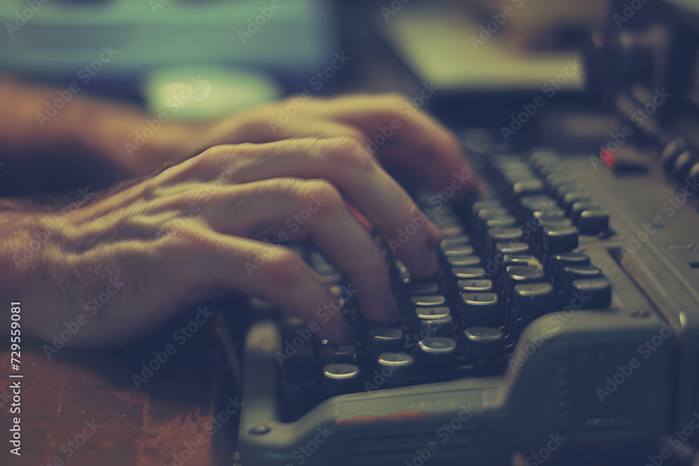 A close-up image capturing an old man typing on an old typewriter ...