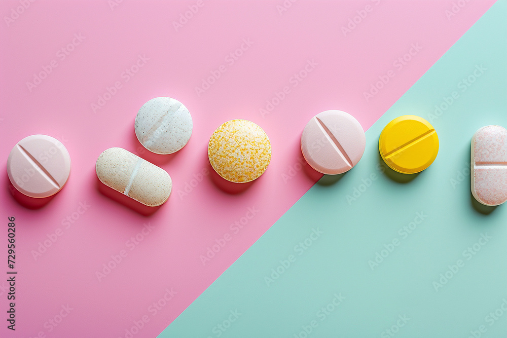 Different pills and tablets on pastel background. Drugs and medicines ...