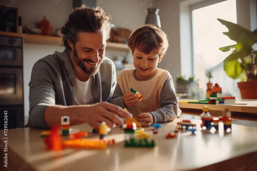 Family and childhood concept. A boy and a man play with legos. Father ...