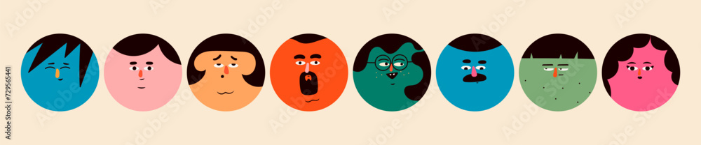 Round human portraits. Various faces, hairstyle, emotions. Cute funny ...