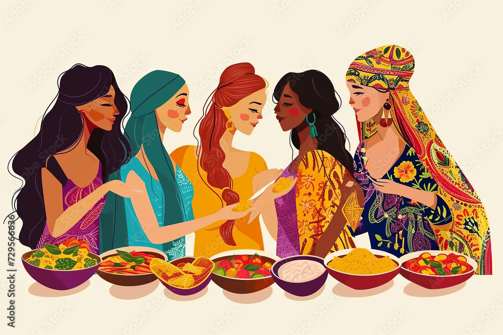 Women from different cultural backgrounds sharing traditional foods on ...