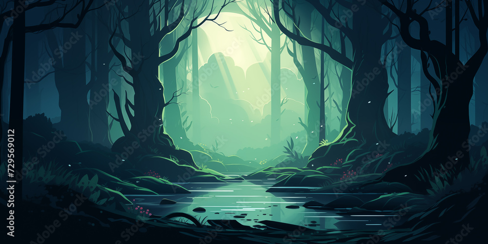 Cartoon fantasy forest. Mystical woodland with trees, bushes, river and ...