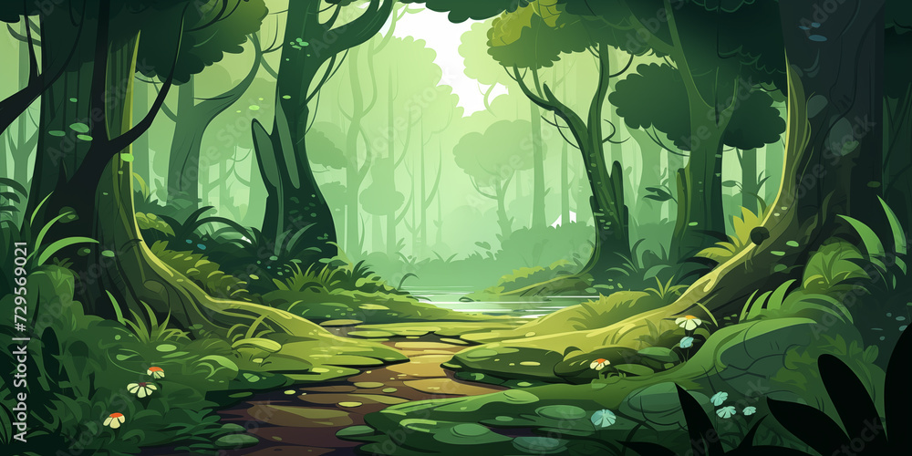 Fantasy forest scene. Cartoon fairy forest landscape with trees and ...