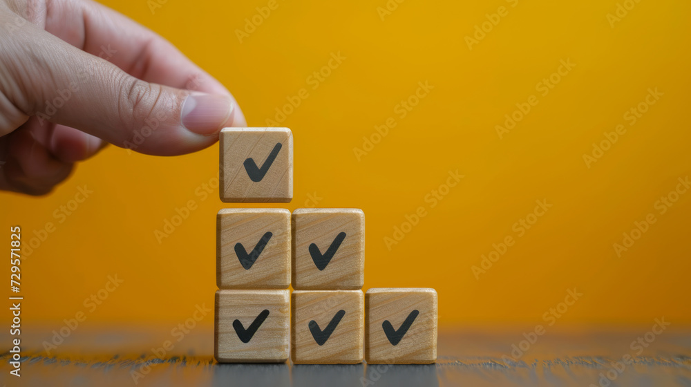 Checklist concept, Check mark on ladder stack wooden blocks, Survey and ...