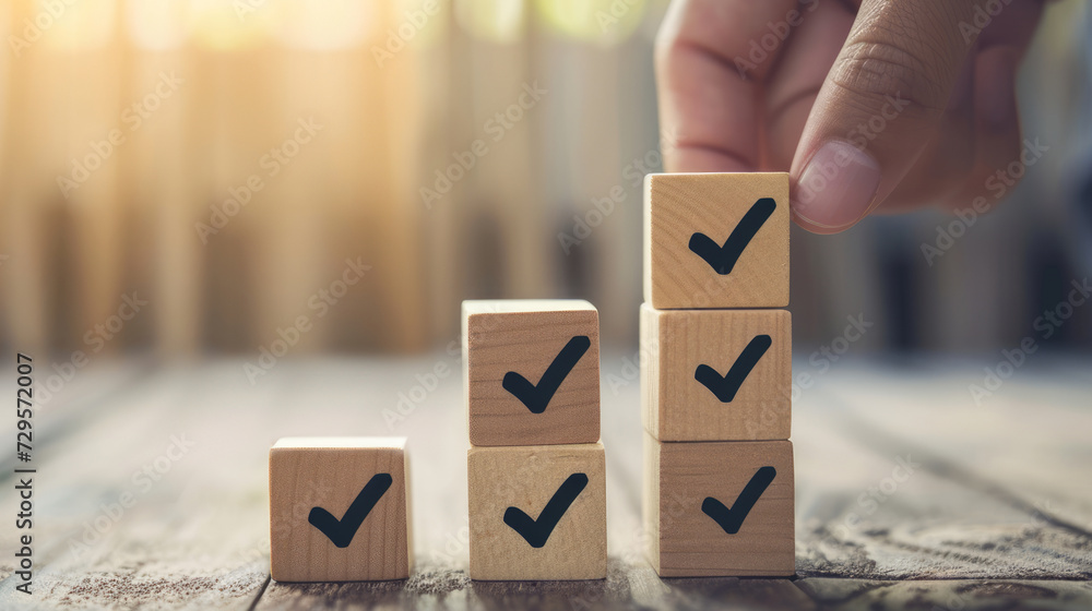Checklist concept, Check mark on ladder stack wooden blocks, Survey and ...