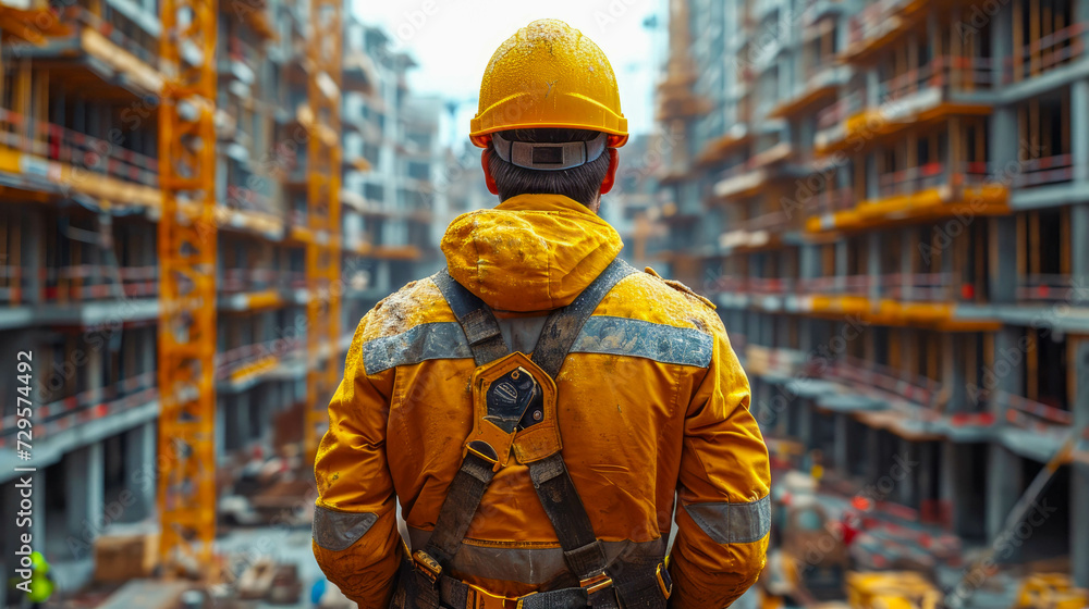 Back view of a construction worker in a hard hat and reflective jacket ...