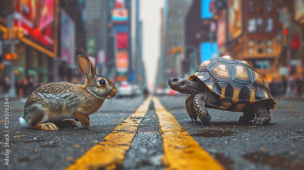 rabbit and tortoise face each other on a busy city road, bringing a ...