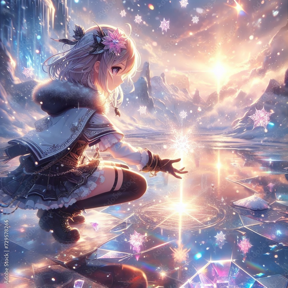 Anime girl bending down to a frozen lake for a magic flake, in a ...