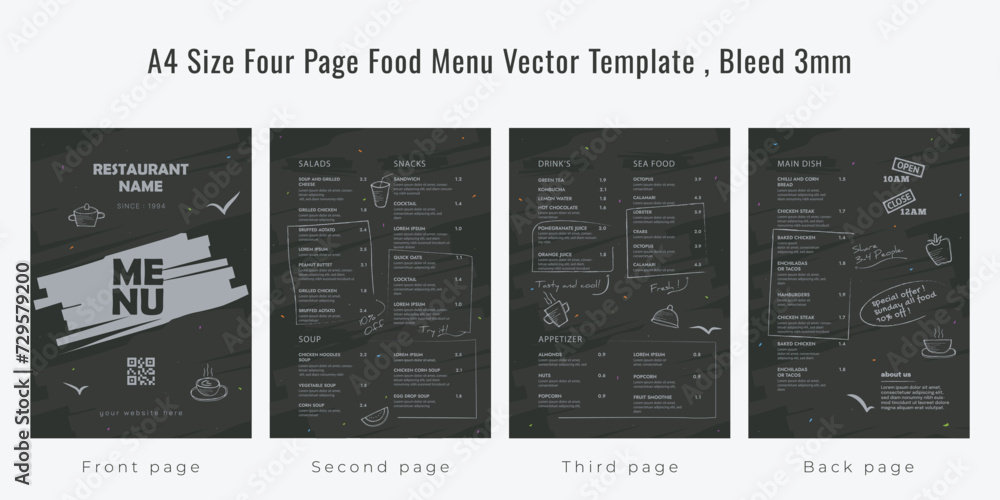 Restaurant cafe menu, template design, A4 size four page food menu ...